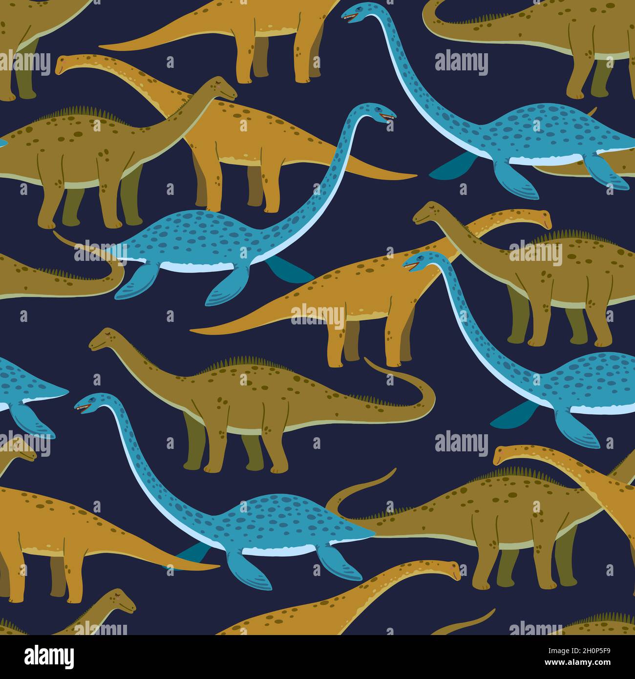 Seamless pattern with cute cartoon doodle dinosaurs, diplodocus ...