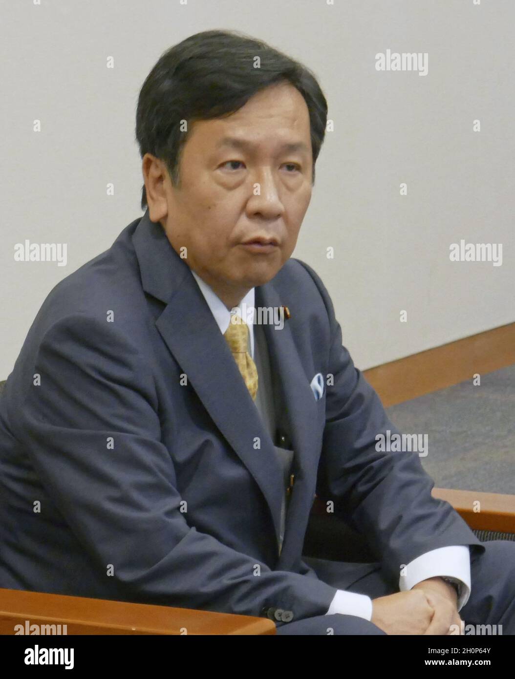 Yukio Edano, leader of the main opposition Constitutional Democratic Party of Japan, gives an ...