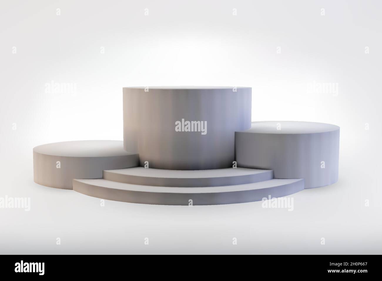Three-level podium on white background with reflection. Three cylinder ...