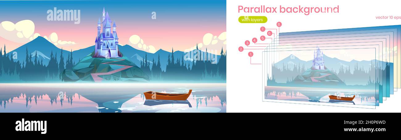 Fantasy medieval castle on rock at morning. Vector parallax background ...