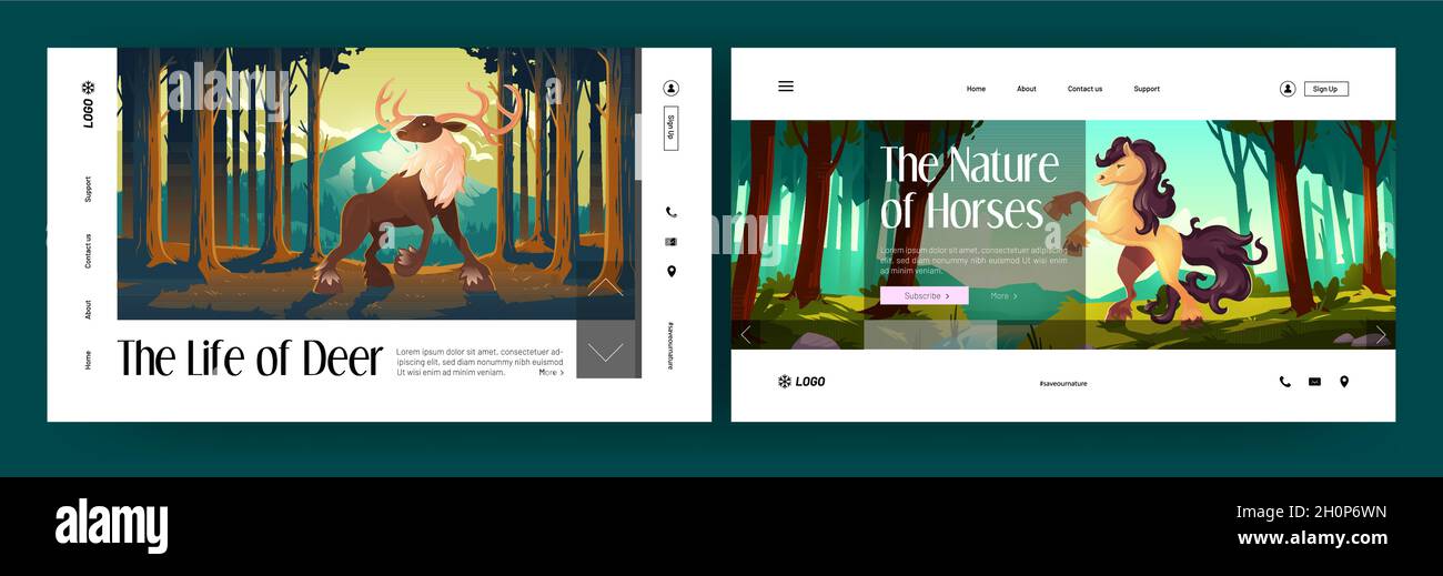 Wild deer and horse in forest cartoon landing pages. Beautiful animals ...