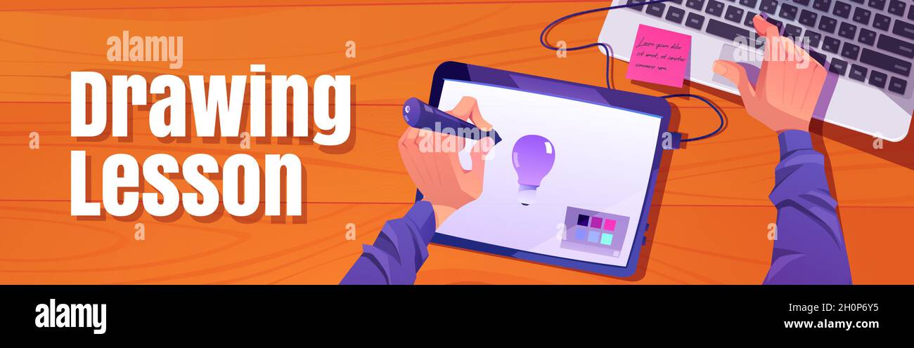 Drawing lesson poster with top view of wooden desk with graphic tablet ...