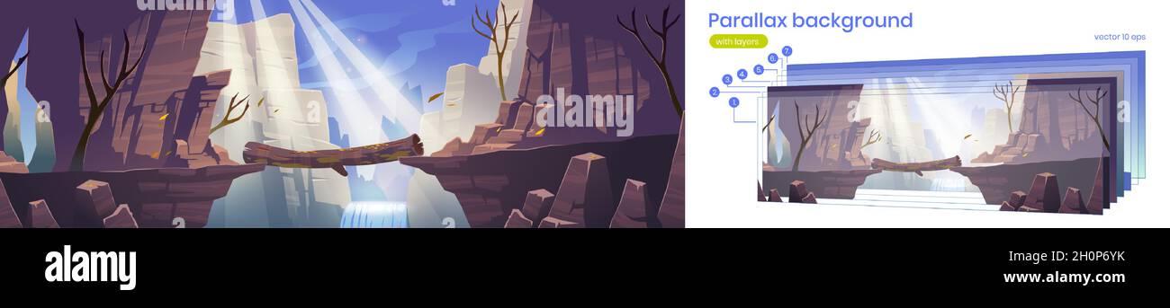 Parallax background log bridge between mountains above cliff in rock ...