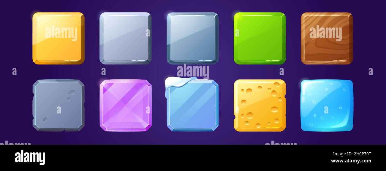 Square buttons with metal, wooden and water textures for ui game design ...