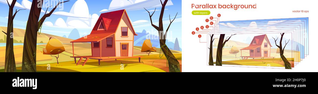 Wooden farm house with agriculture fields and garden in autumn. Vector ...