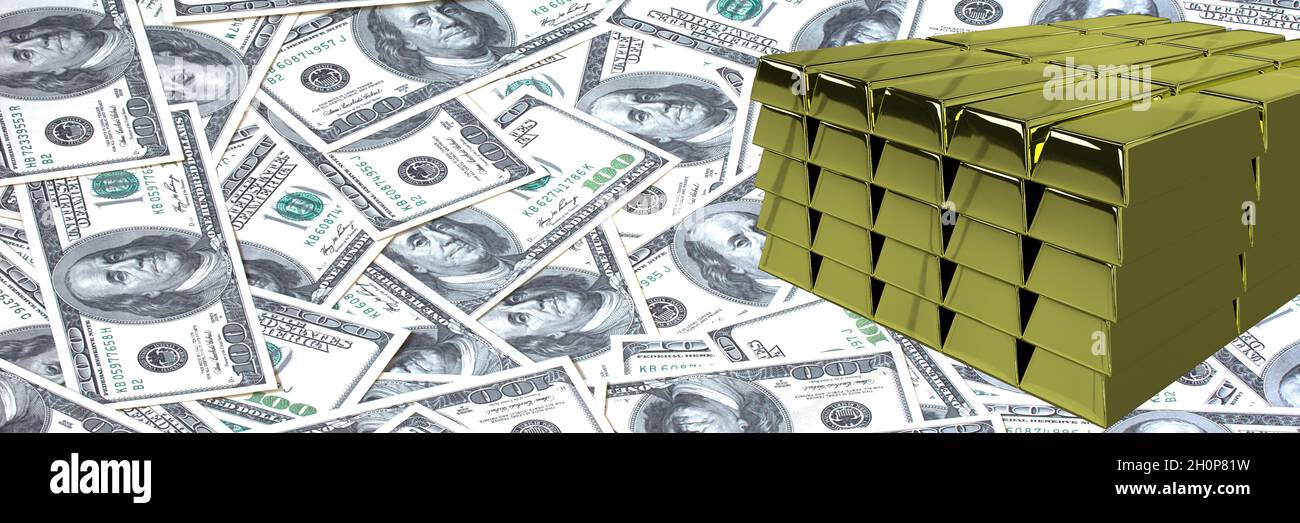 Panoramic banner of 100 dollar banknote and Stack of gold bars One ...