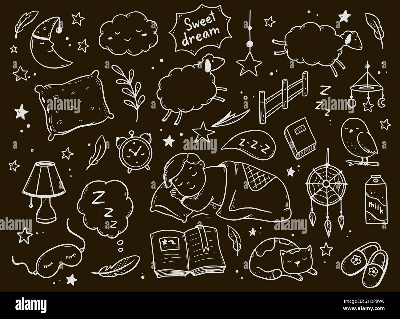 Sleep, relax time, dream night doodle set on chalkboard background ...