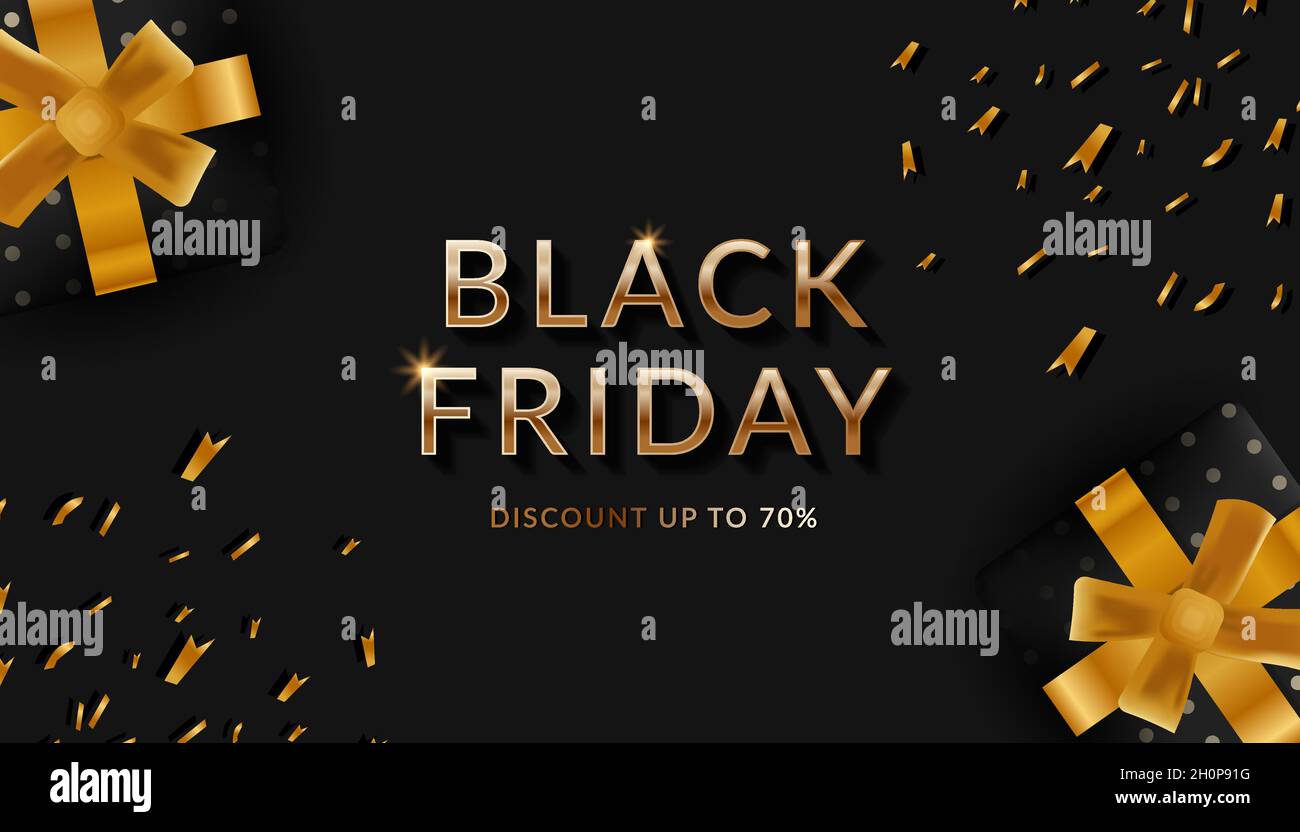 black friday sale. banner, poster, gold text shiny, and black gift box ...