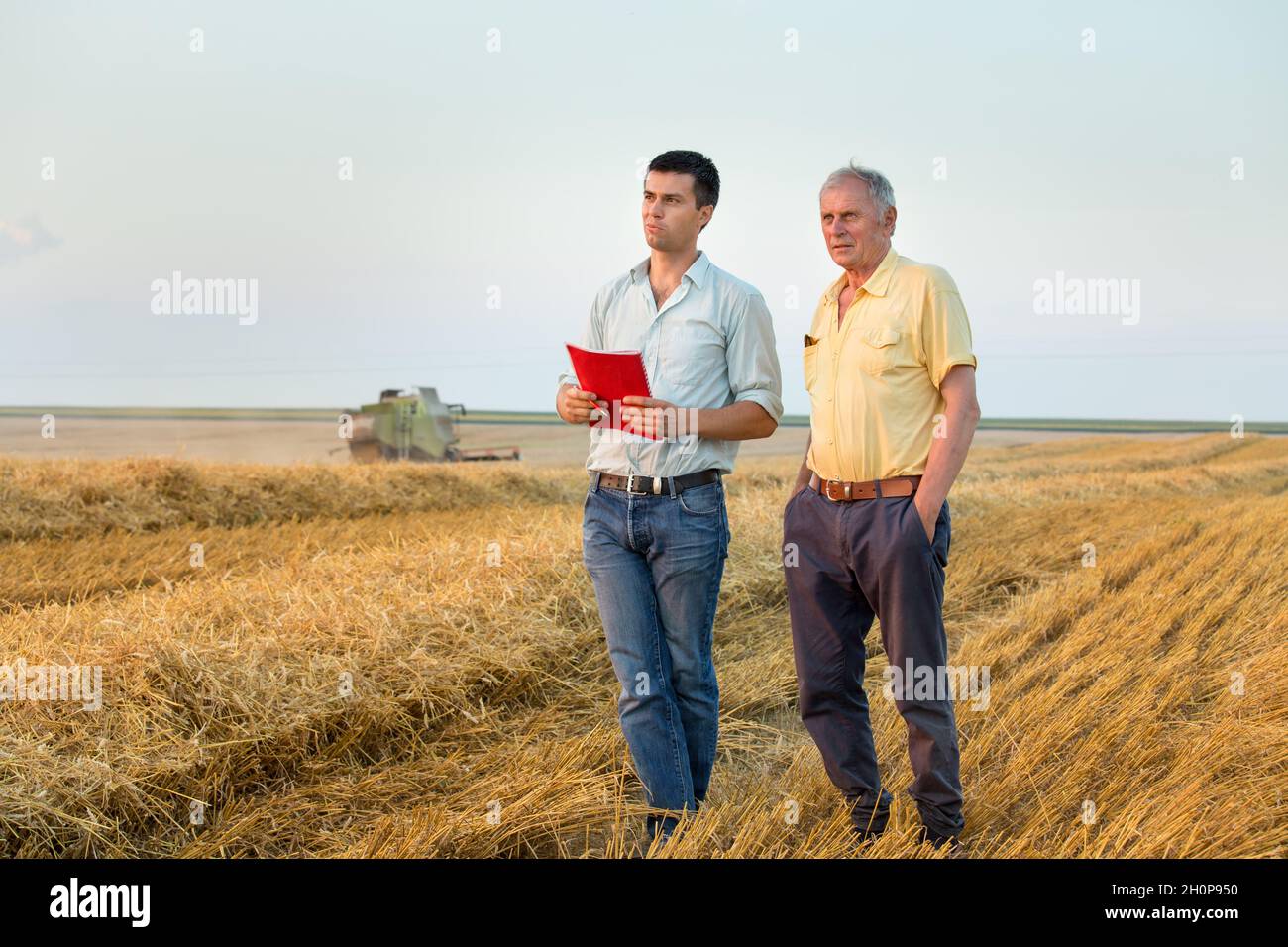 Two farmers standing on wheat field at harvest with combine harvester ...