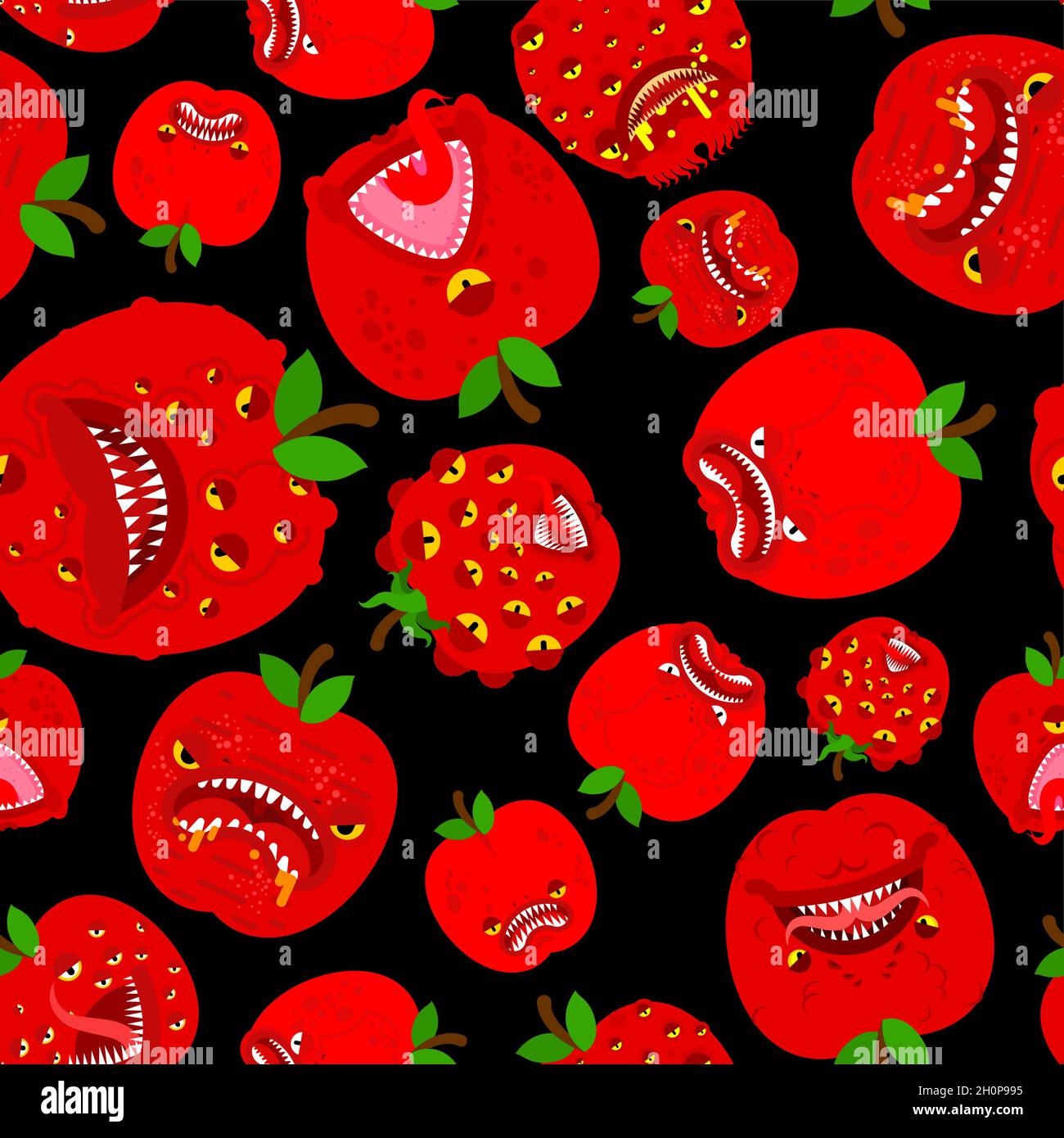 Apple monster GMO mutant pattern seamless. Angry fruit with teeth ...