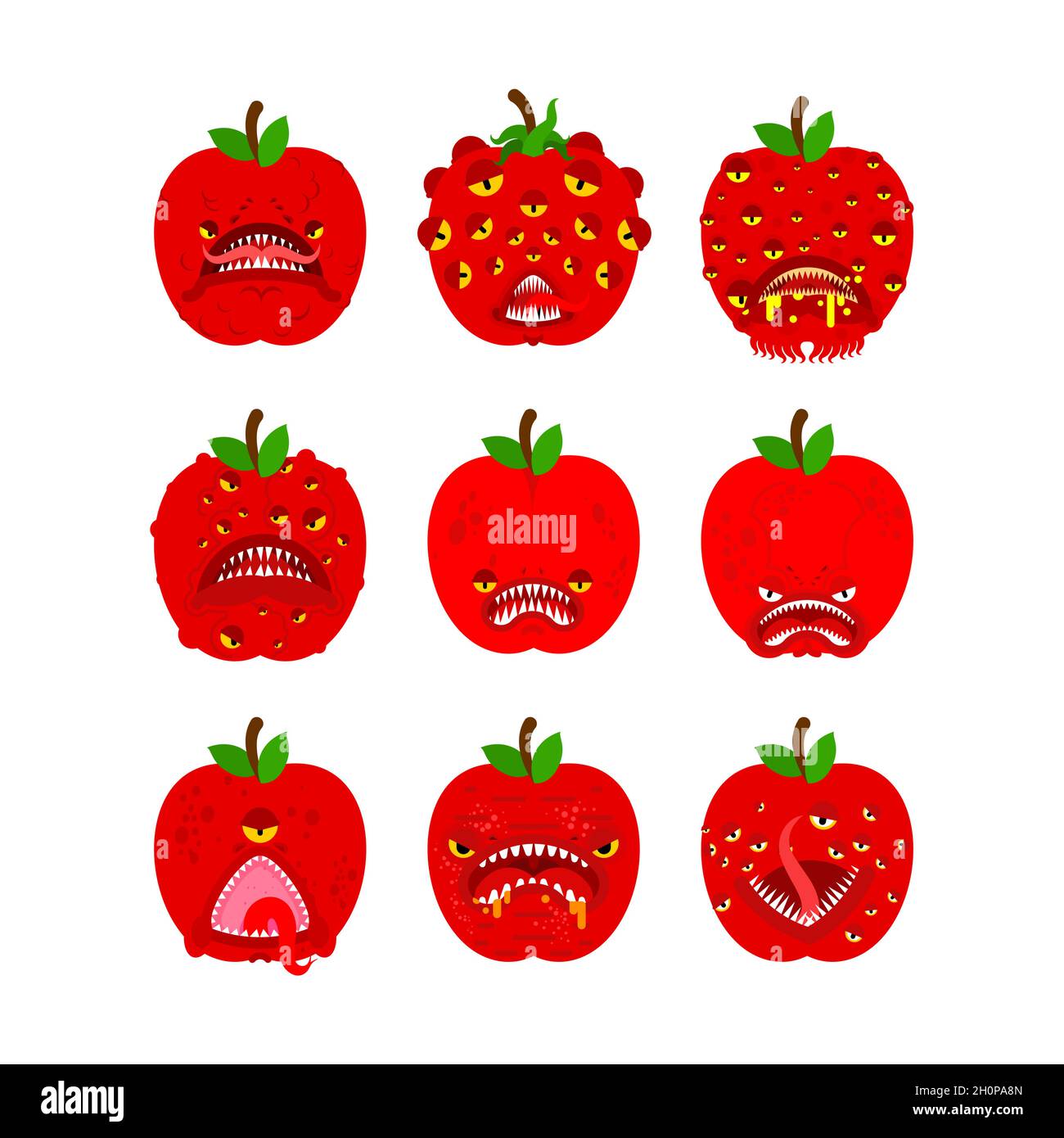 Apple monster GMO mutant set. Angry fruit with teeth. Hungry Alien Food ...
