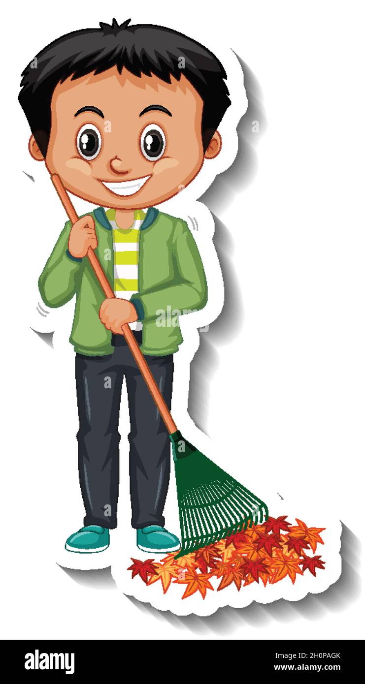A boy holding broom cartoon character sticker illustration Stock Vector ...