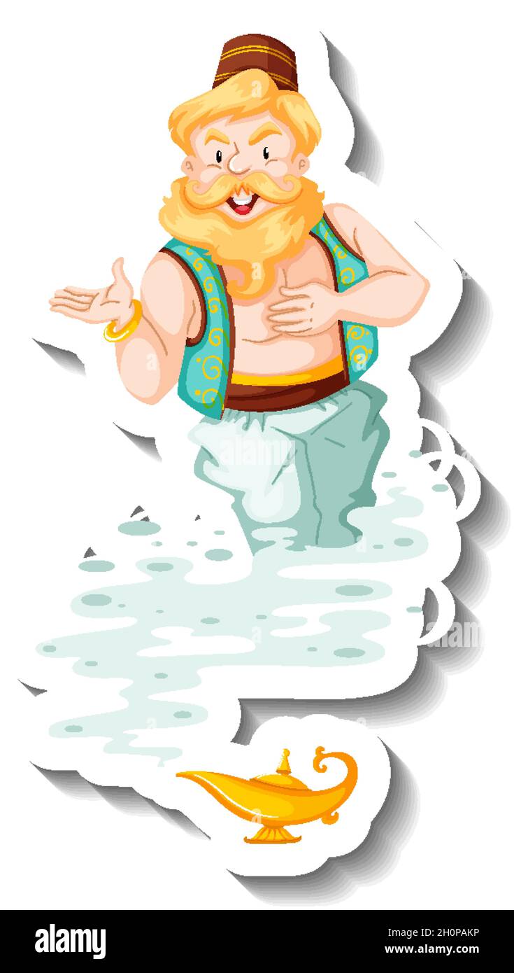 Genie coming out of magic lamp cartoon character sticker illustration Stock Vector Image & Art ...