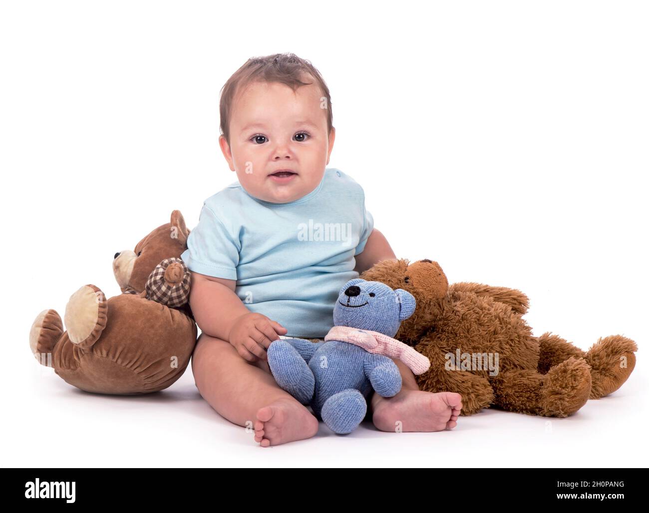 Baby with teddy bears. Sweet child with teddy bears isolated on white ...