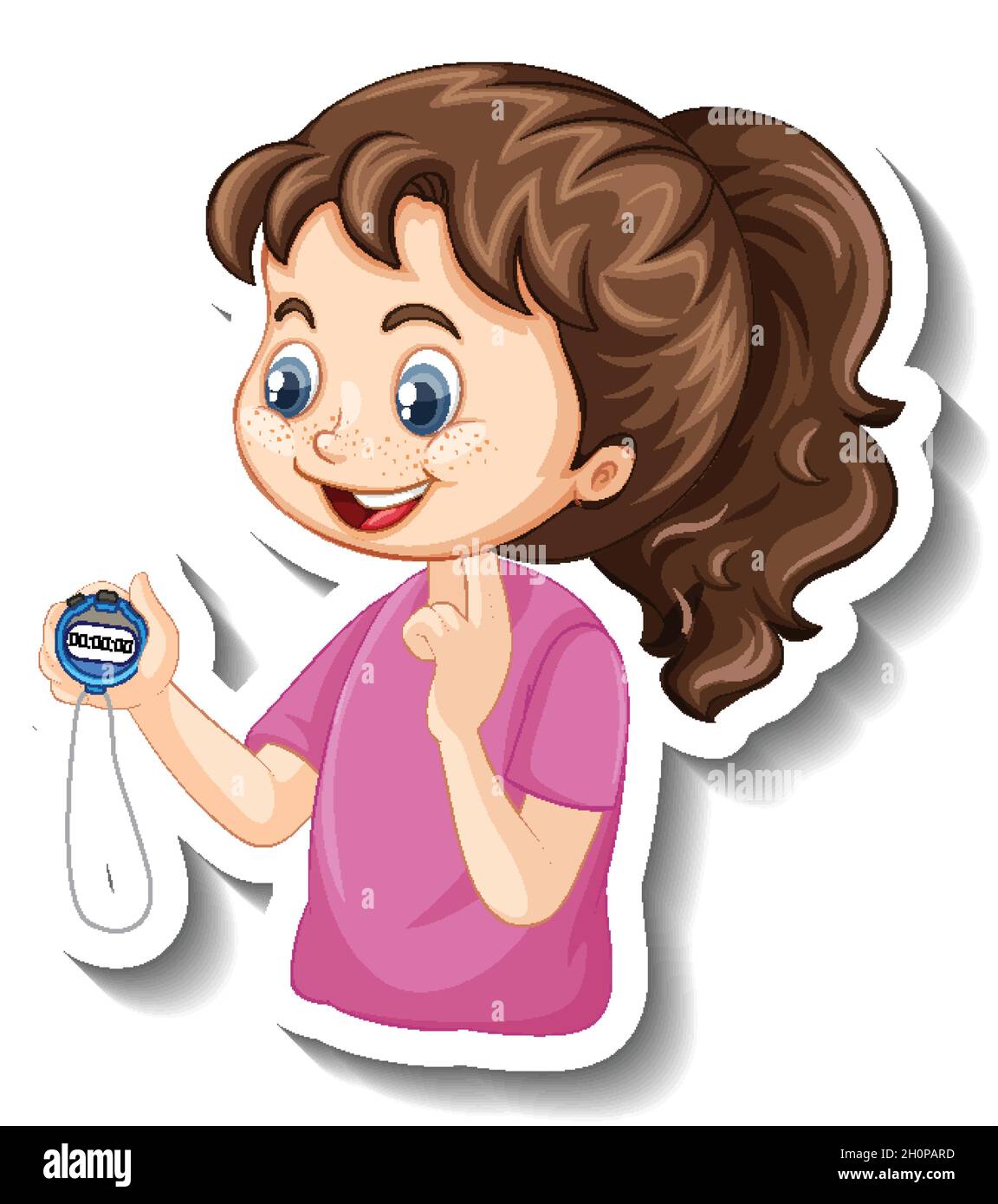 Cartoon character sticker with sport coach girl holding a timer ...