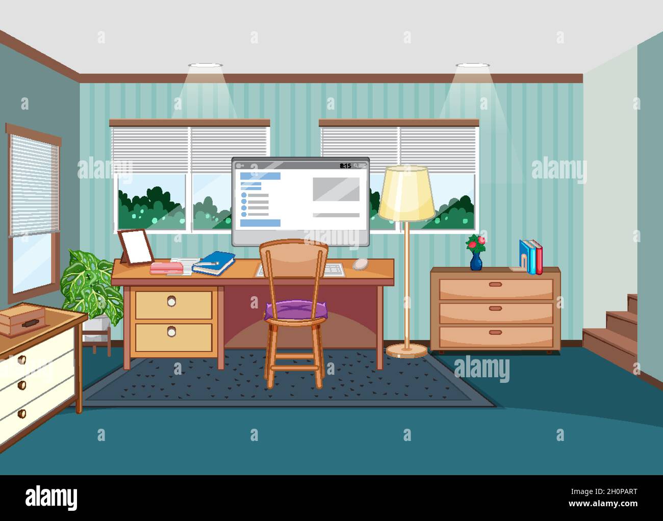 Workroom scene with computer on the table illustration Stock Vector ...