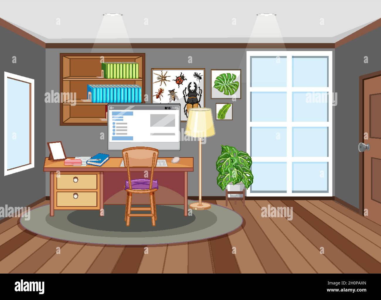 Workroom scene with computer on the table illustration Stock Vector ...