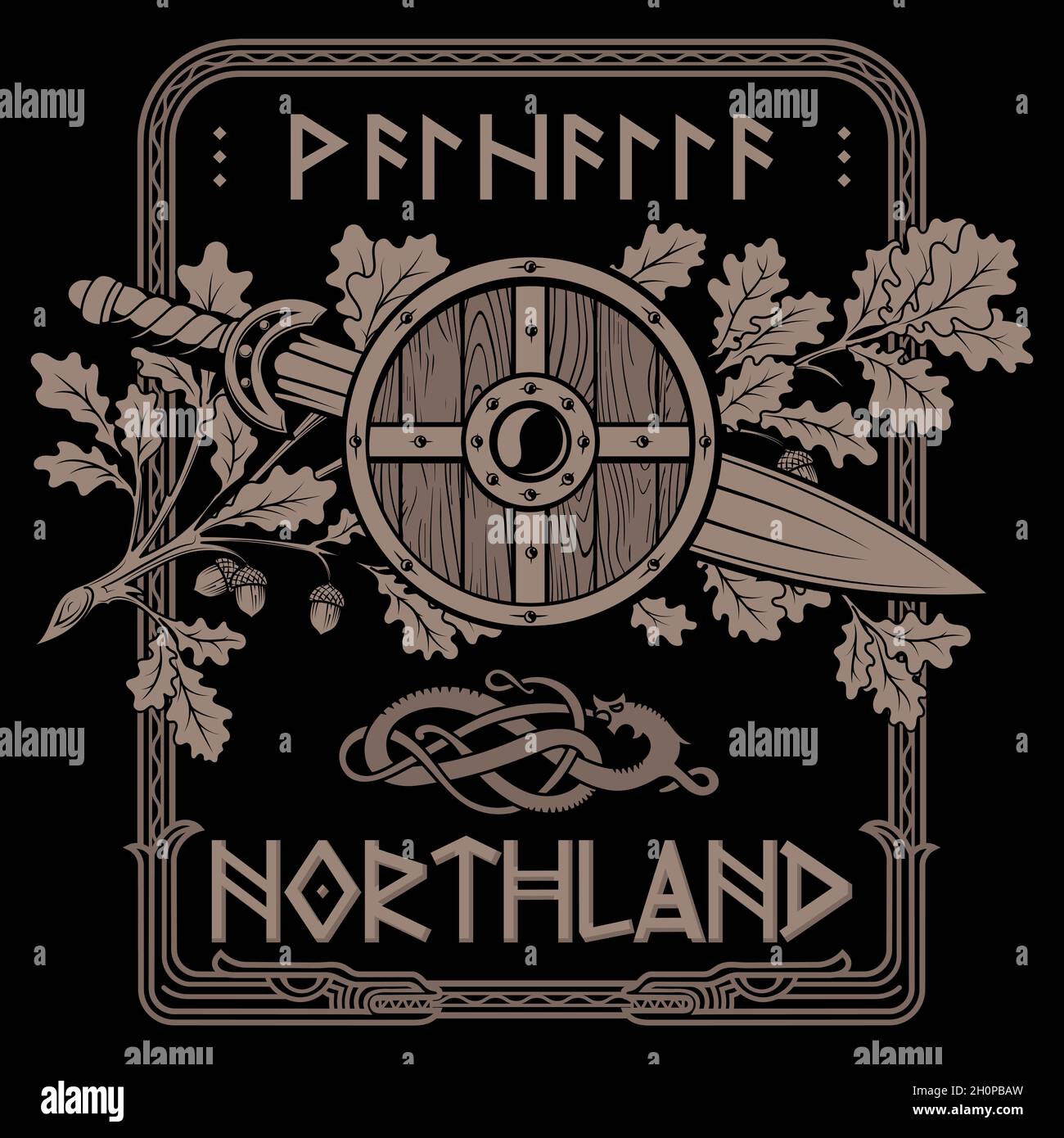 Viking, Scandinavian design. Viking shield, warrior sword and oak ...