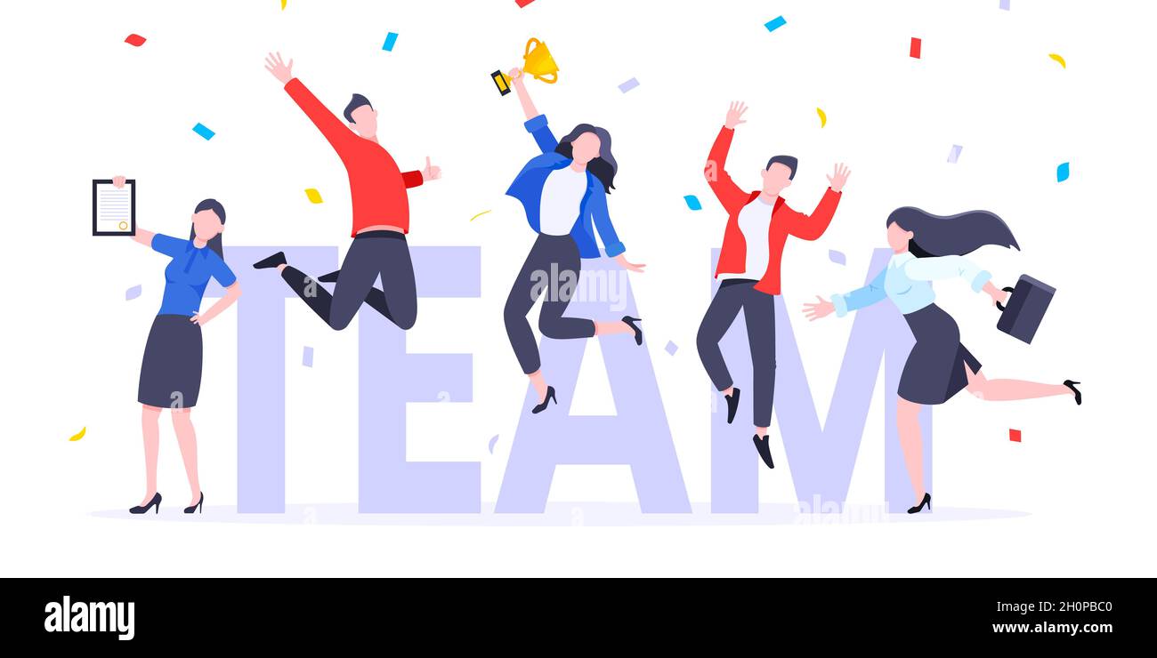 Happy business employee team winners award ceremony flat style design ...