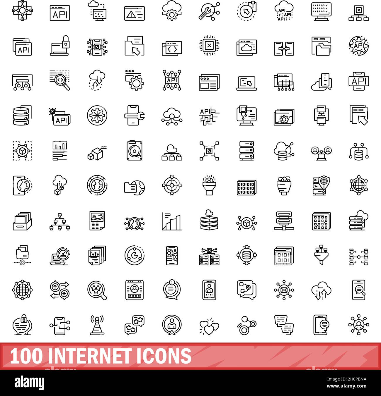 100 internet icons set. Outline illustration of 100 internet icons vector set isolated on white ...