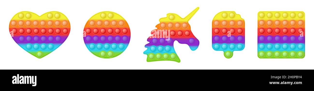Set of various shape popit as a trendy rainbow fidget toys. Addictive ...