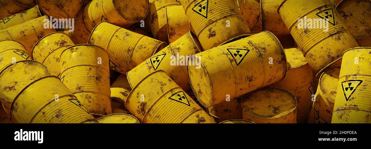 many barrels with radioactive waste background banner Stock Photo - Alamy