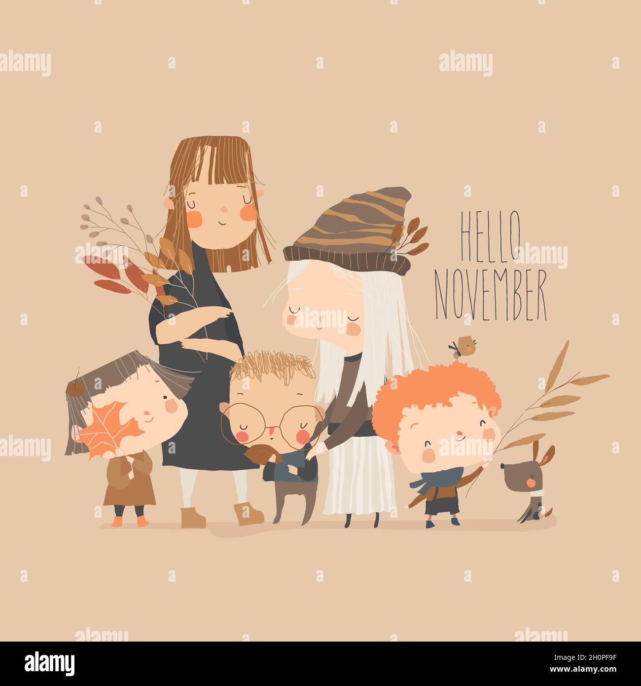 Cute Cartoon Children holding Colorful Leaves. Hello November Stock ...