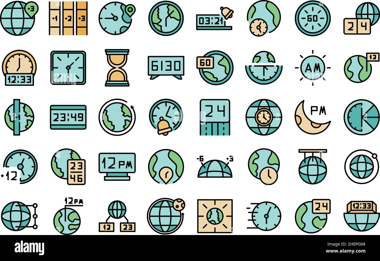 Time zones icons set outline vector. Clock hour. Calendar earth Stock ...