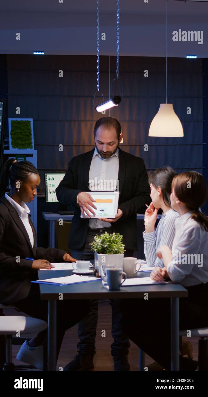 Workaholic overworked businessman explaining company strategy using ...