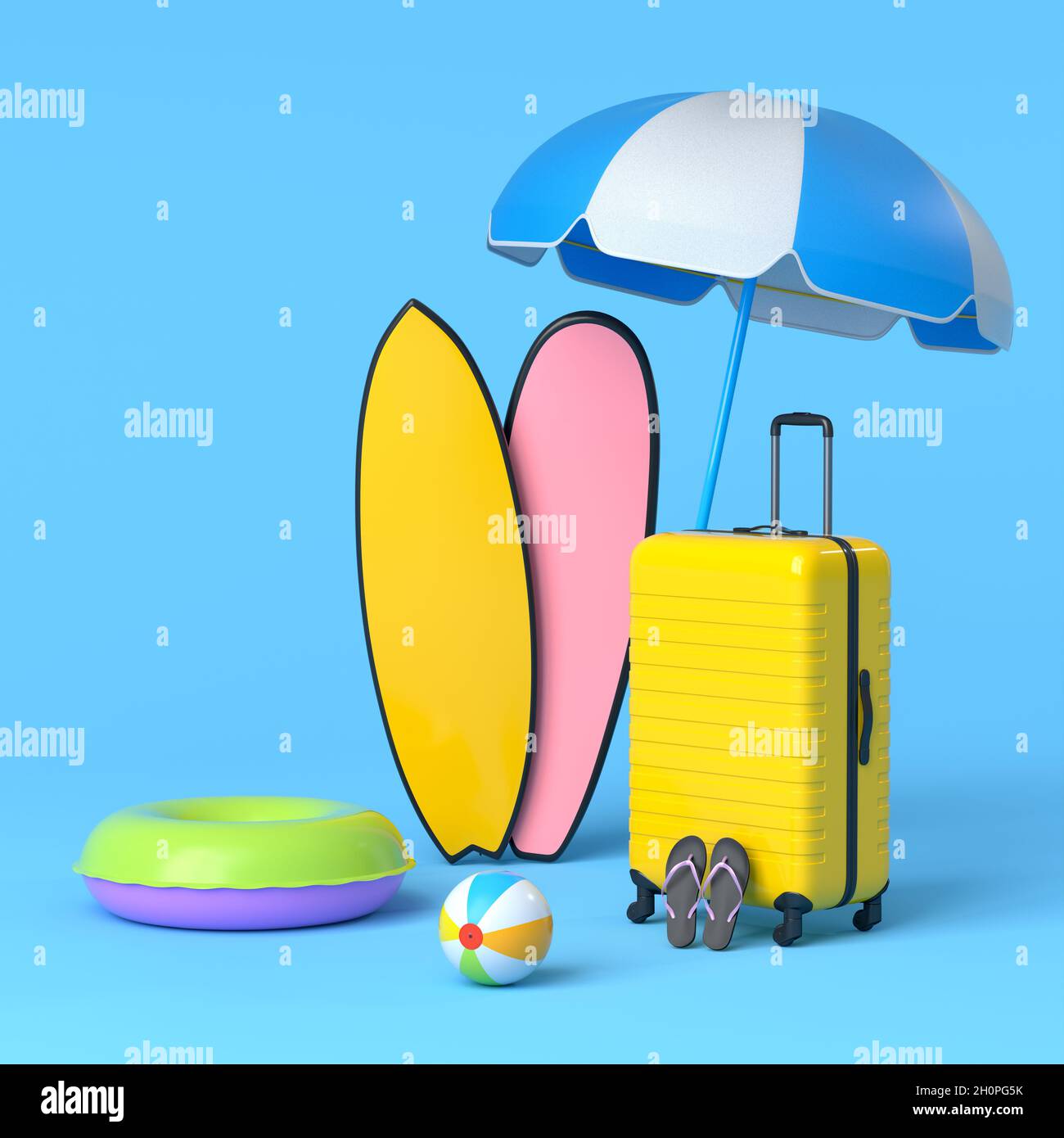 Suitcase with beach ball and surf board on blue background Stock Photo ...