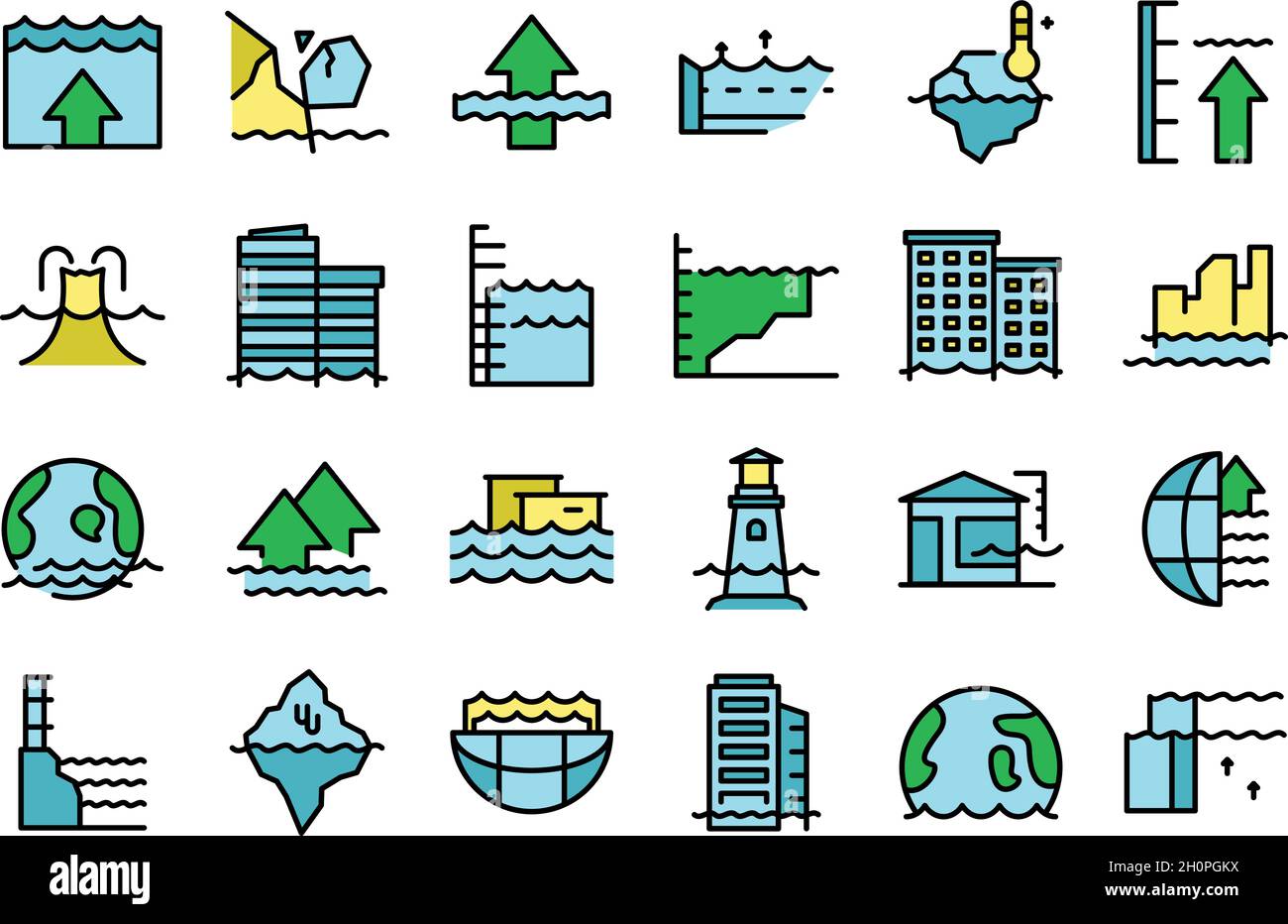Sea level rise icons set outline vector. Water nature. Climate disaster ...