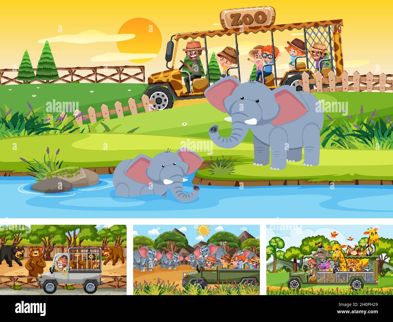 Four different zoo scenes with kids and animals illustration Stock ...