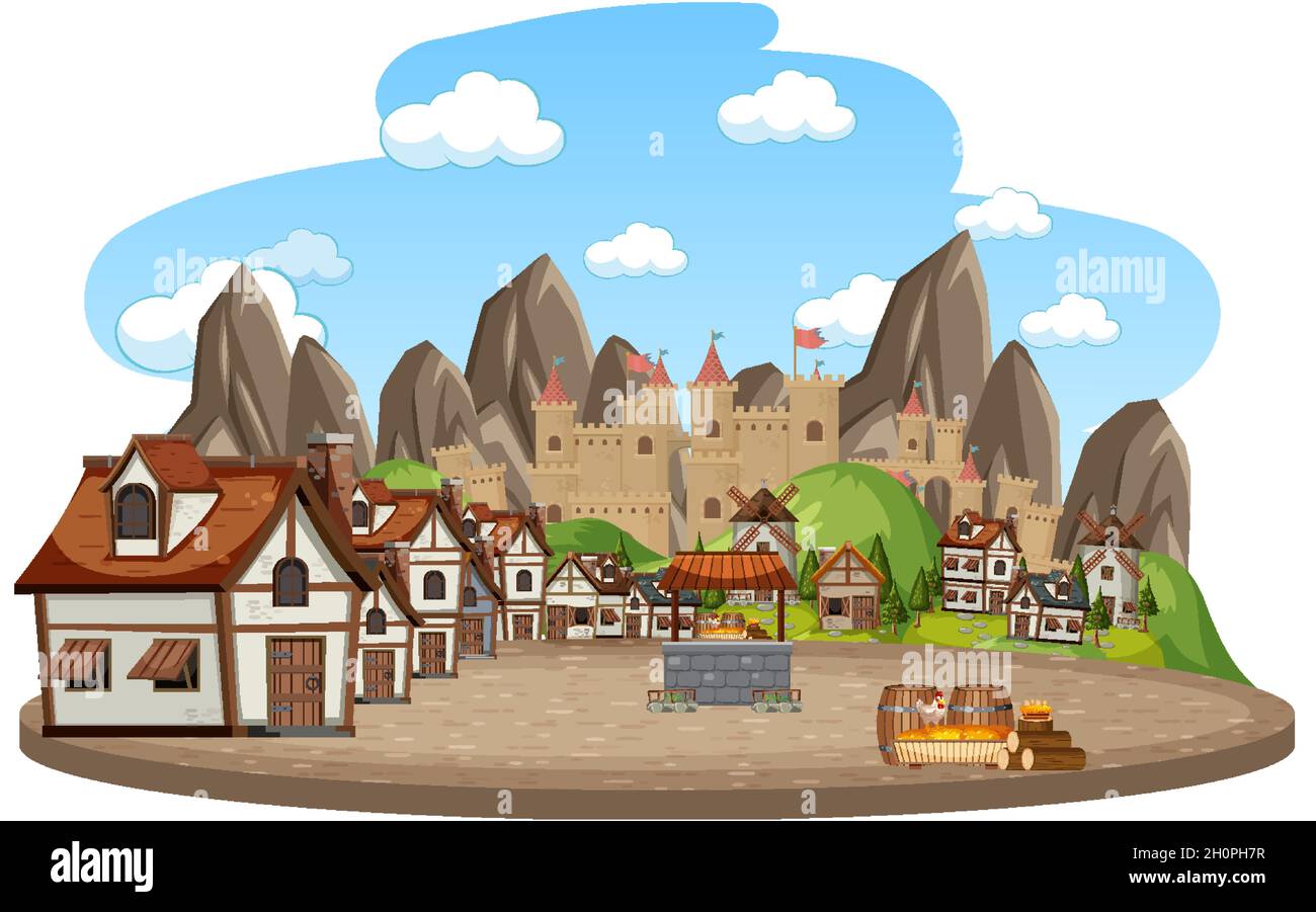 Medieval village with castle background illustration Stock Vector Image ...