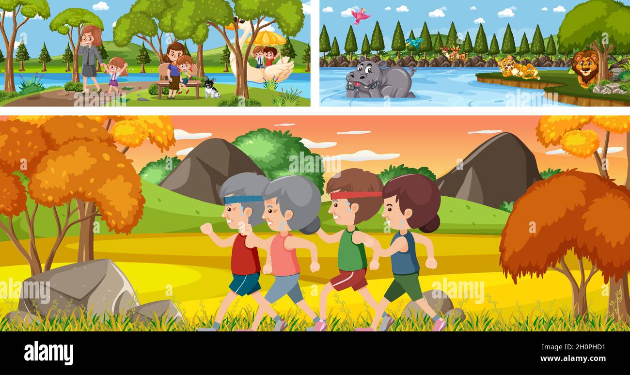 Set of outdoor panoramic landscape with cartoon character illustration ...