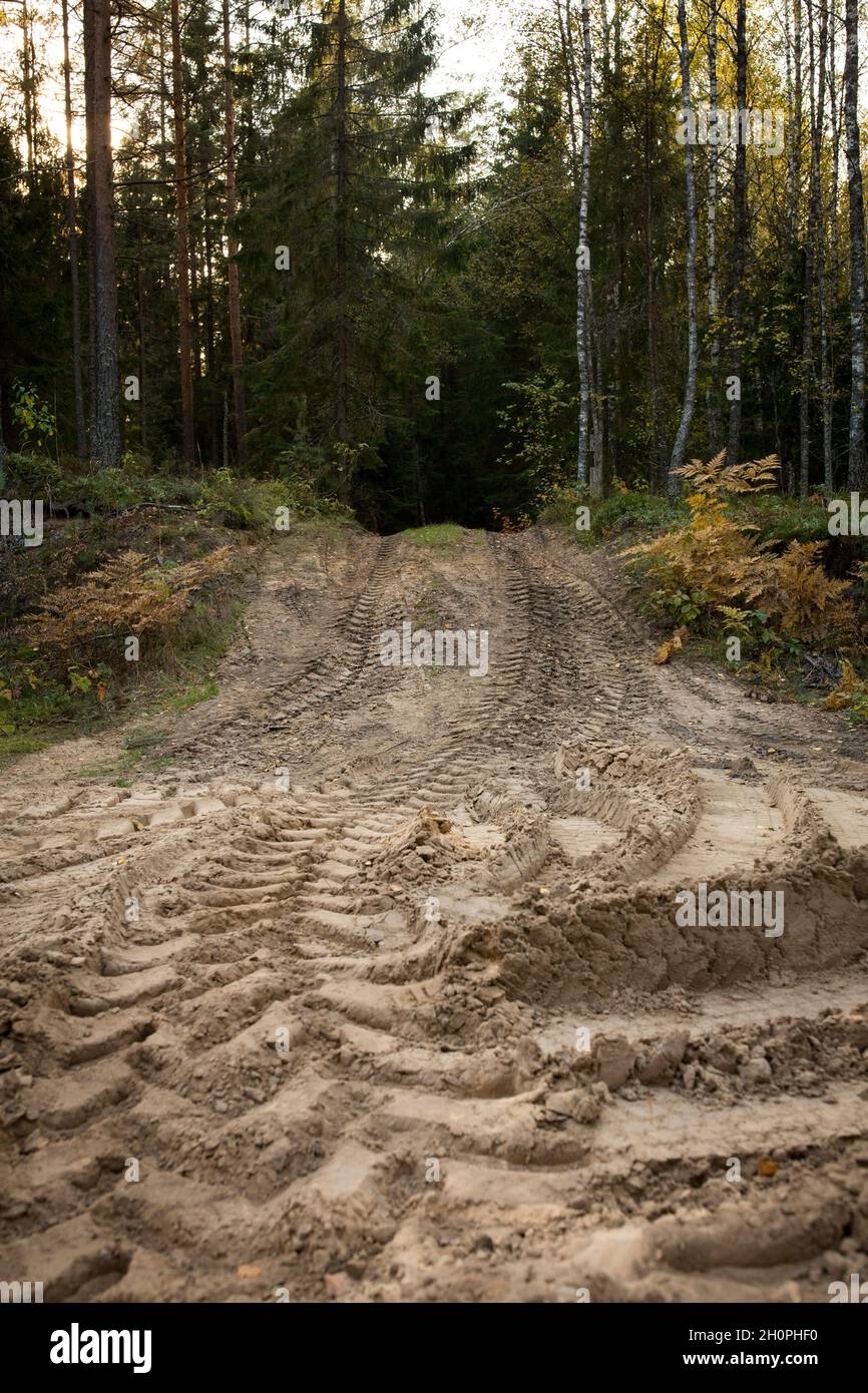 Wheel trail on sandy ground from large transport, tractor on ...