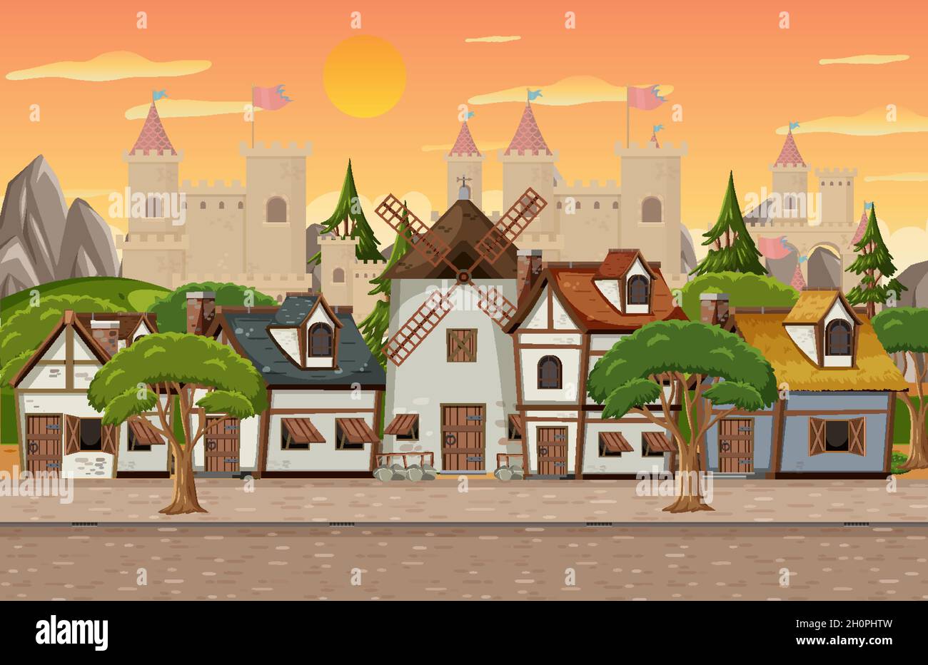 Medieval village scene with windmill and houses illustration Stock ...