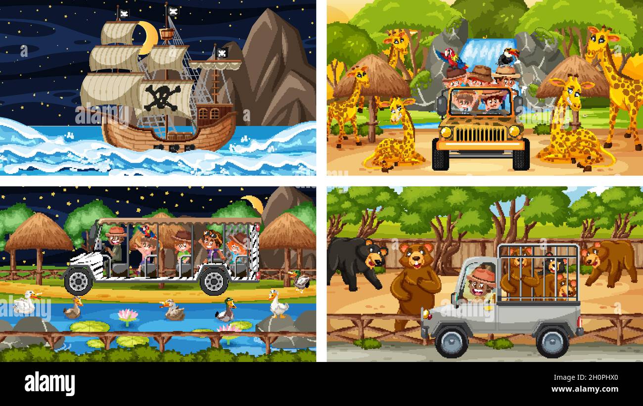 Set of different scenes with animals in the zoo and pirate ship at the ...