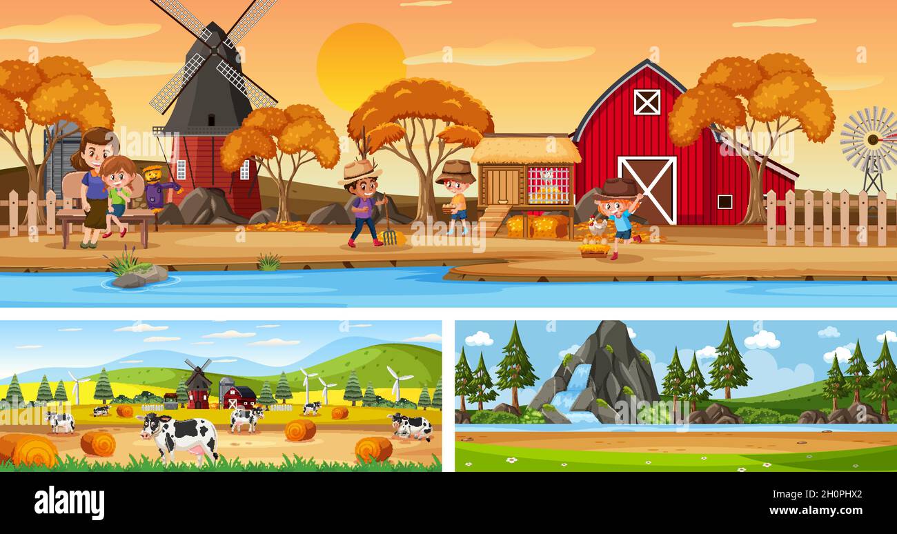 Outdoor panoramic landscape scenes set with cartoon character ...