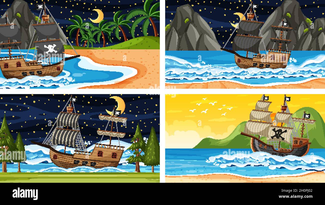 Set of ocean scenes at different times with Pirate ship in cartoon ...