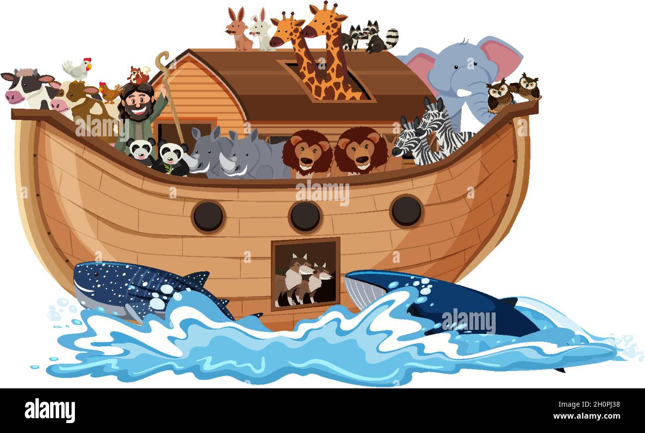 Animals on Noah's ark with sea wave isolated on white background illustration Stock Vector Image ...