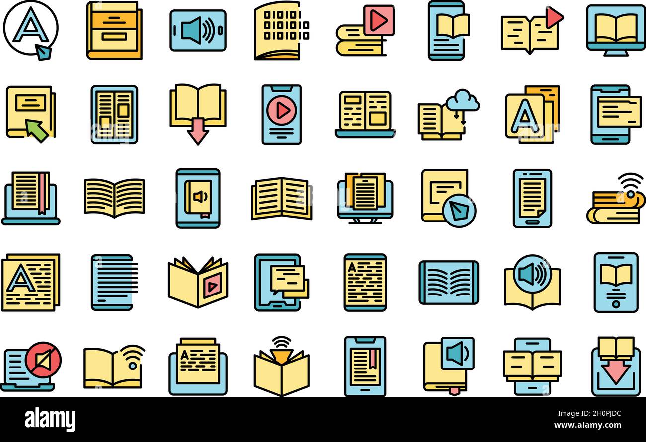 Digital reading icons set outline vector. Library book. Audiobook ...