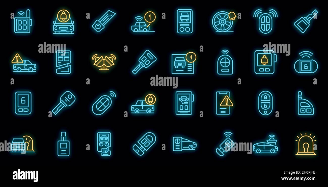 Car alarm system icons set outline vector. Key chain. Auto ignition ...