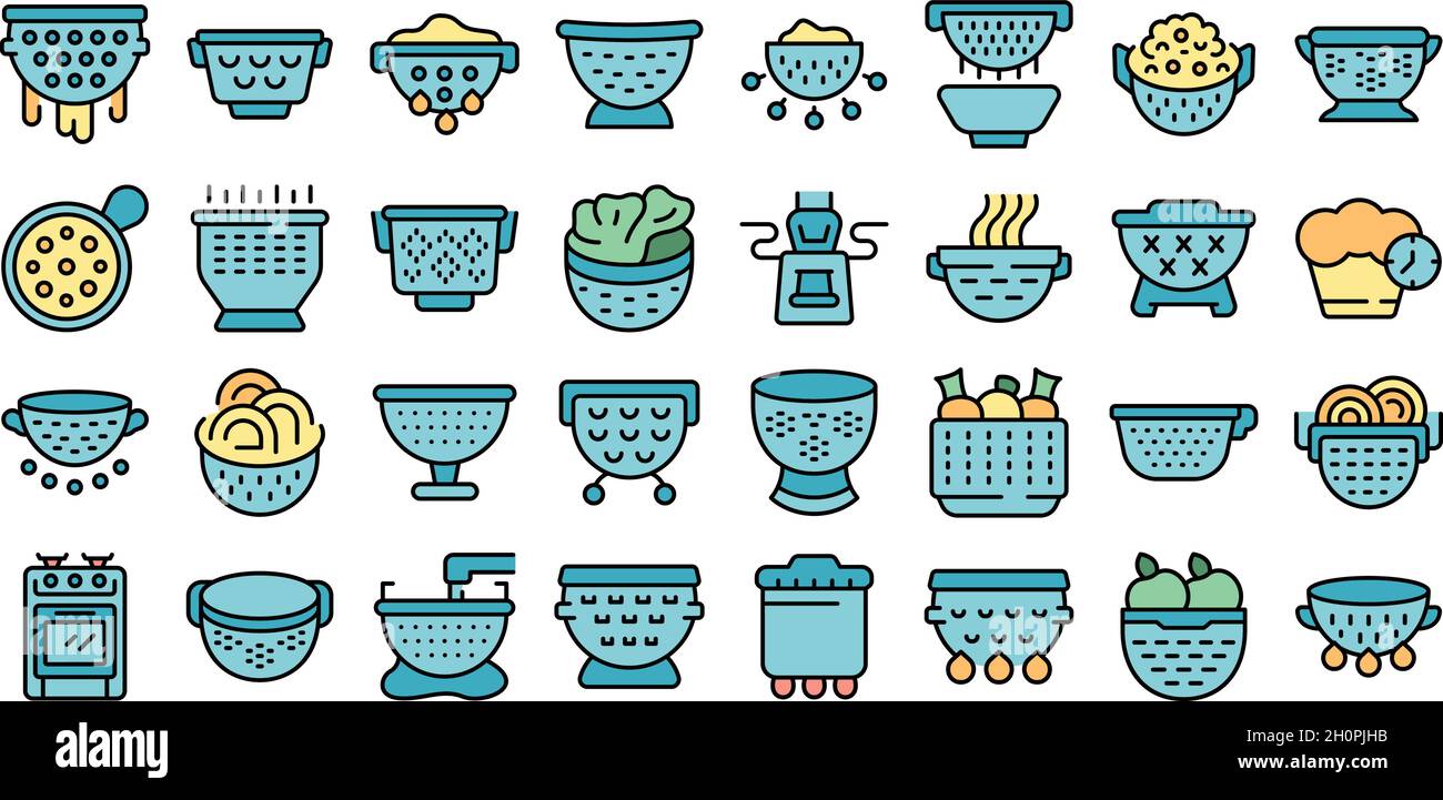 Colander icons set outline vector. Cook strainer. Food accessory Stock ...