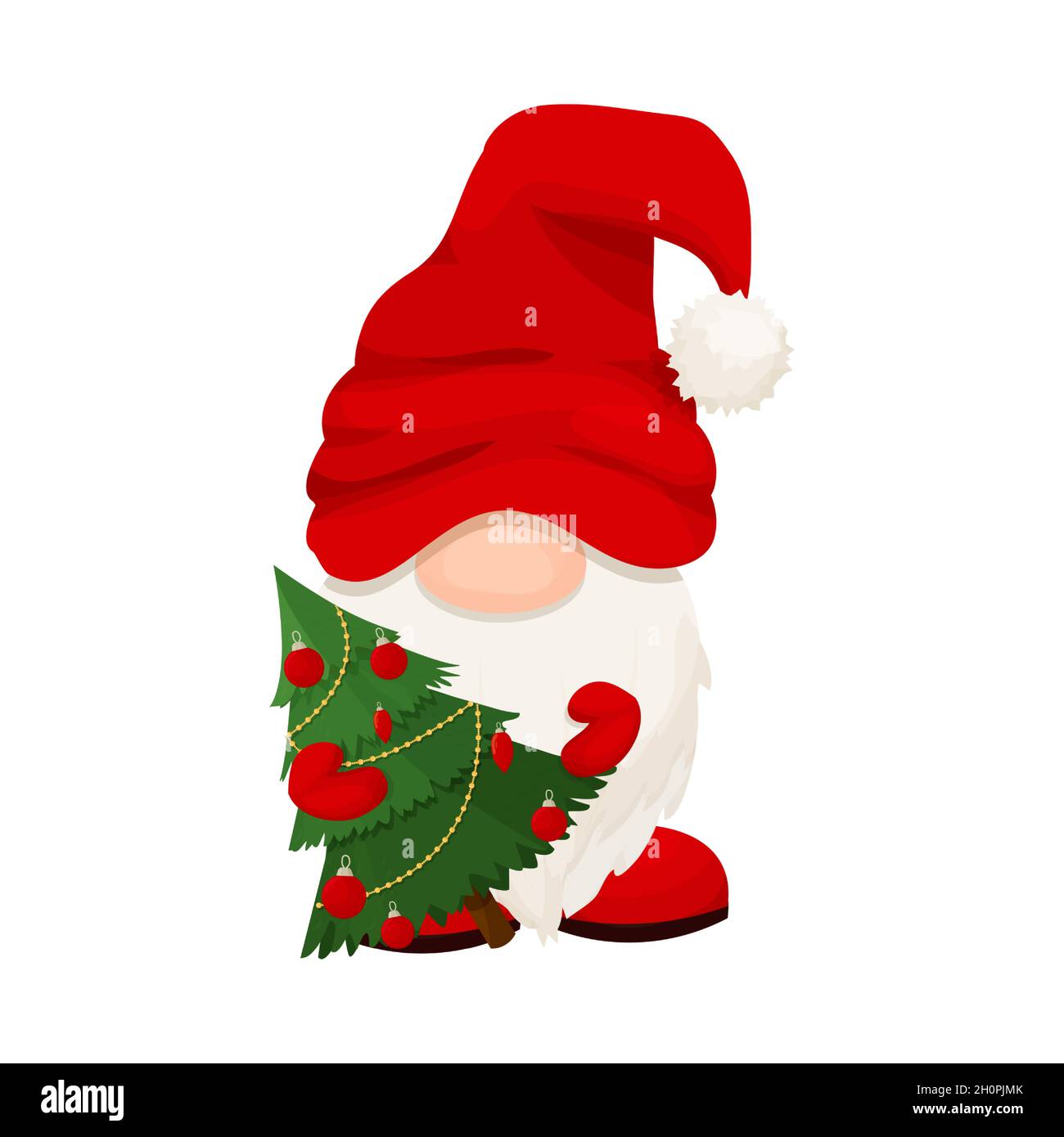 Cute Christmas Gnome Elf In Red Hat In Cartoon Style New Year