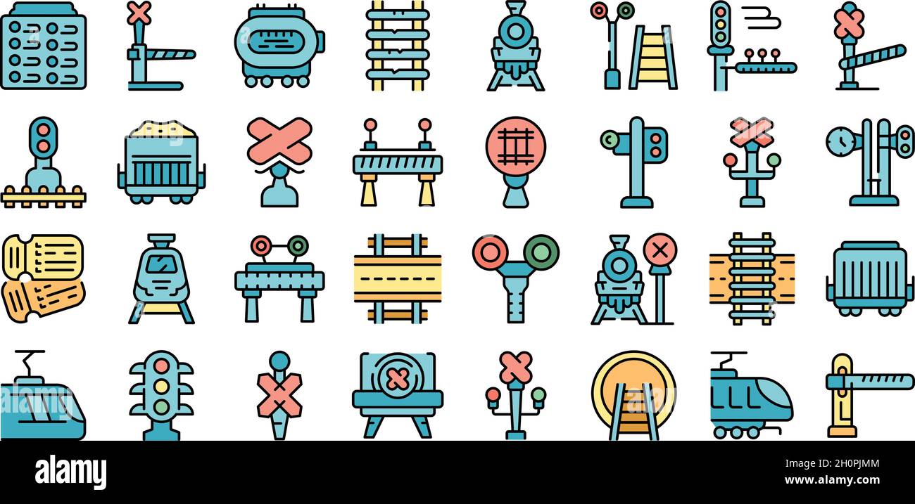 Railway crossing icons set outline vector. Railroad signal. Alert gate ...