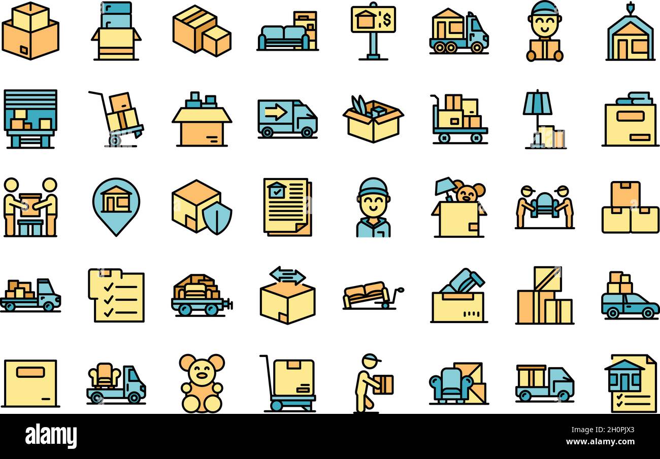Moving house services icons set outline vector. Storehouse box. Cargo ...