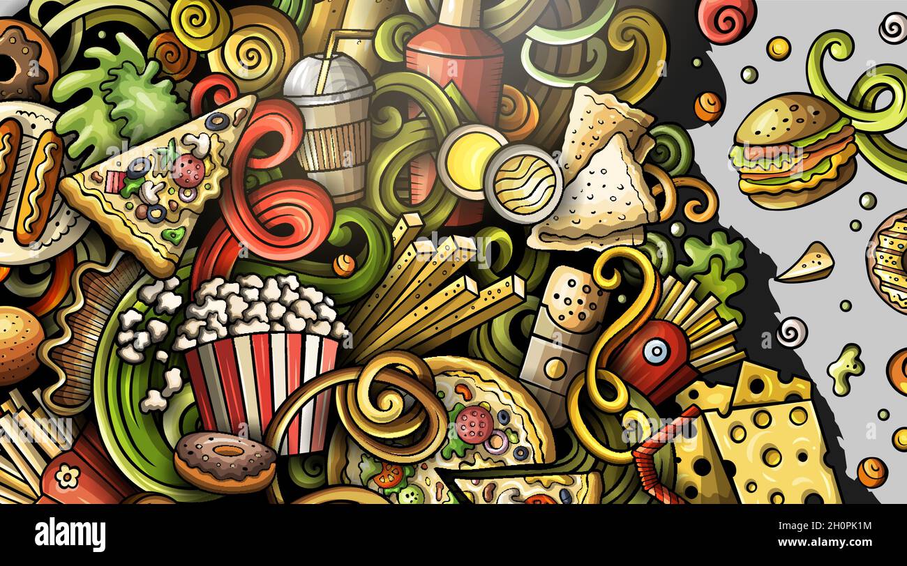 Fastfood hand drawn vector doodles illustration. Fast food banner ...