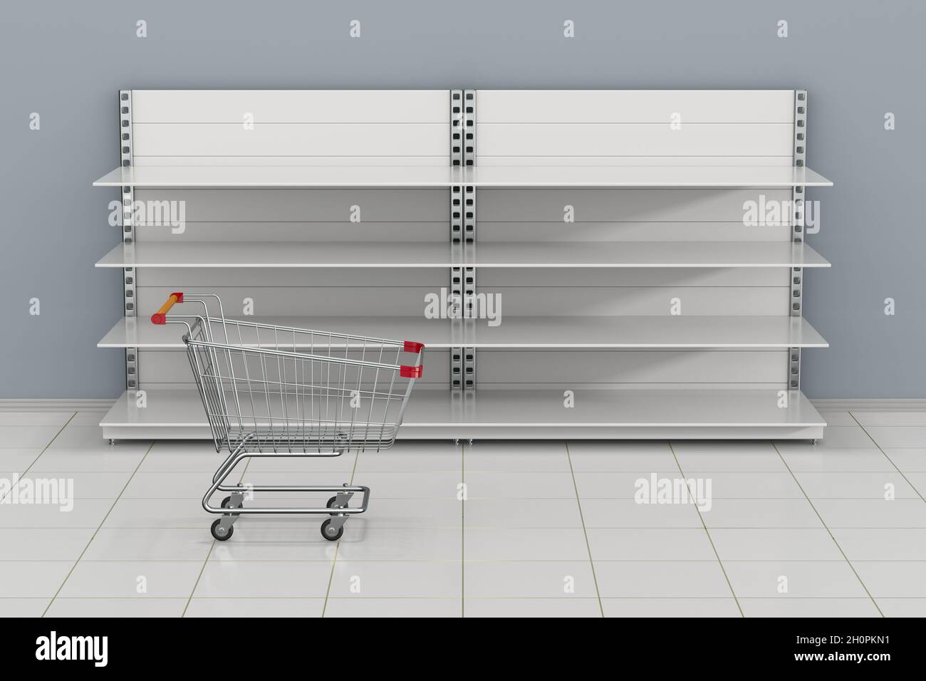 Empty store shelves and shopping cart. 3D illustration Stock Photo - Alamy