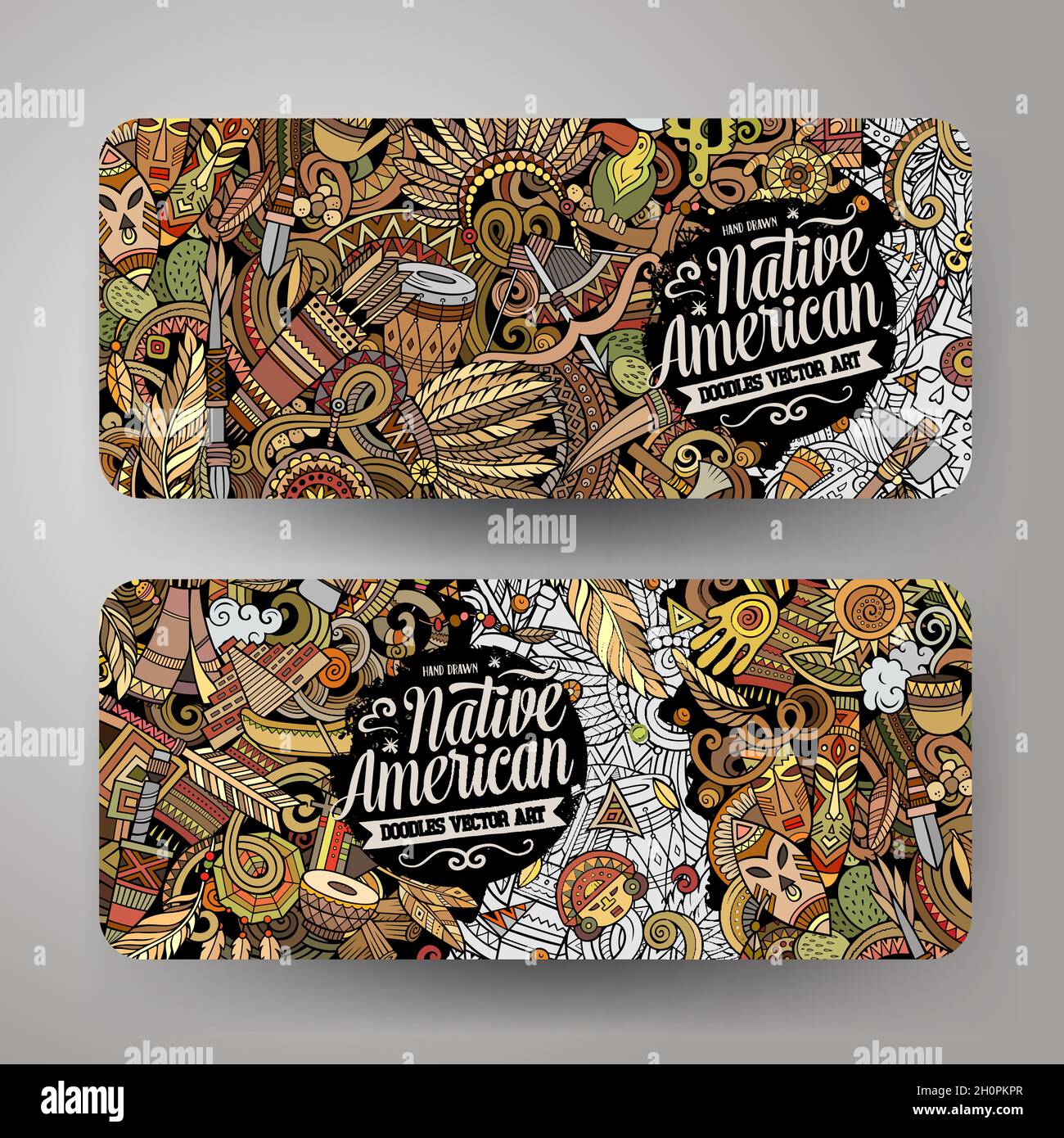 Cartoon cute doodles Native American horizontal banners set Stock ...