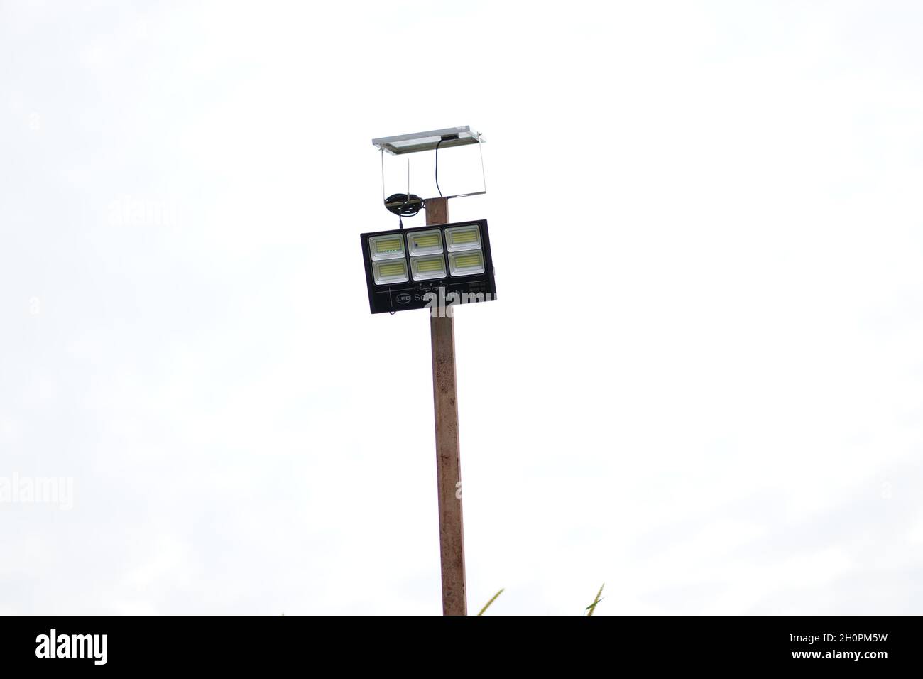 A solar sport light was installed on a pole to light the coverage area ...